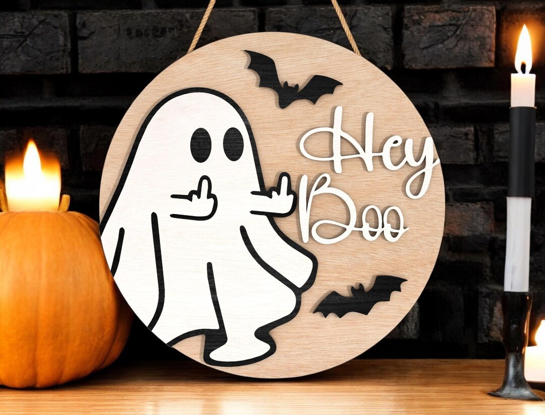 Halloween Door Hanger | Hey Boo Rude Ghost Sign | Funny Middle Finger ...