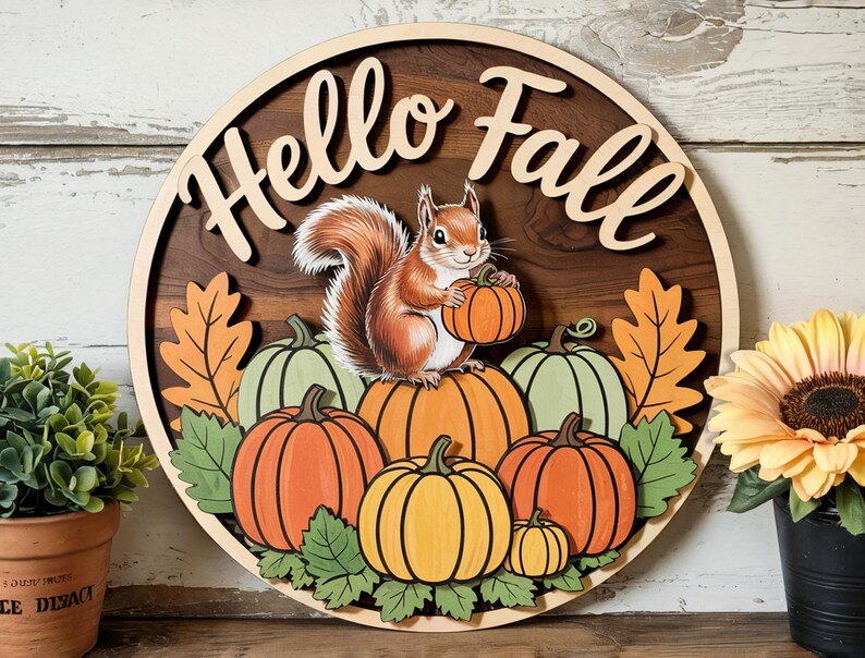 Hello Fall Door Sign – Squirrel With Pumpkins Wooden Fall Decor, Cute ...