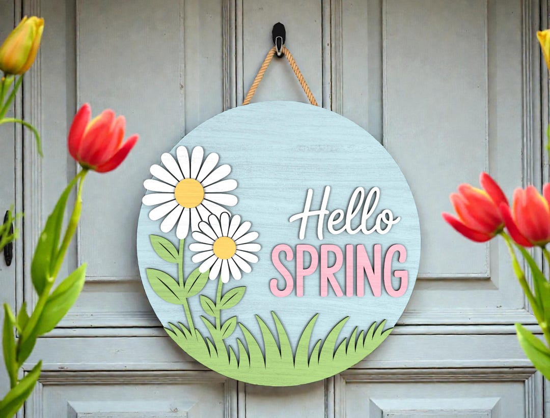 Hello Spring Door Hanger | Daisy Flower Round Sign | Pastel Blue Front ...