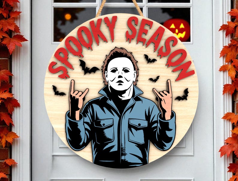 Halloween Door Hanger | Spooky Season Wooden Sign | Horror Movie Masked ...