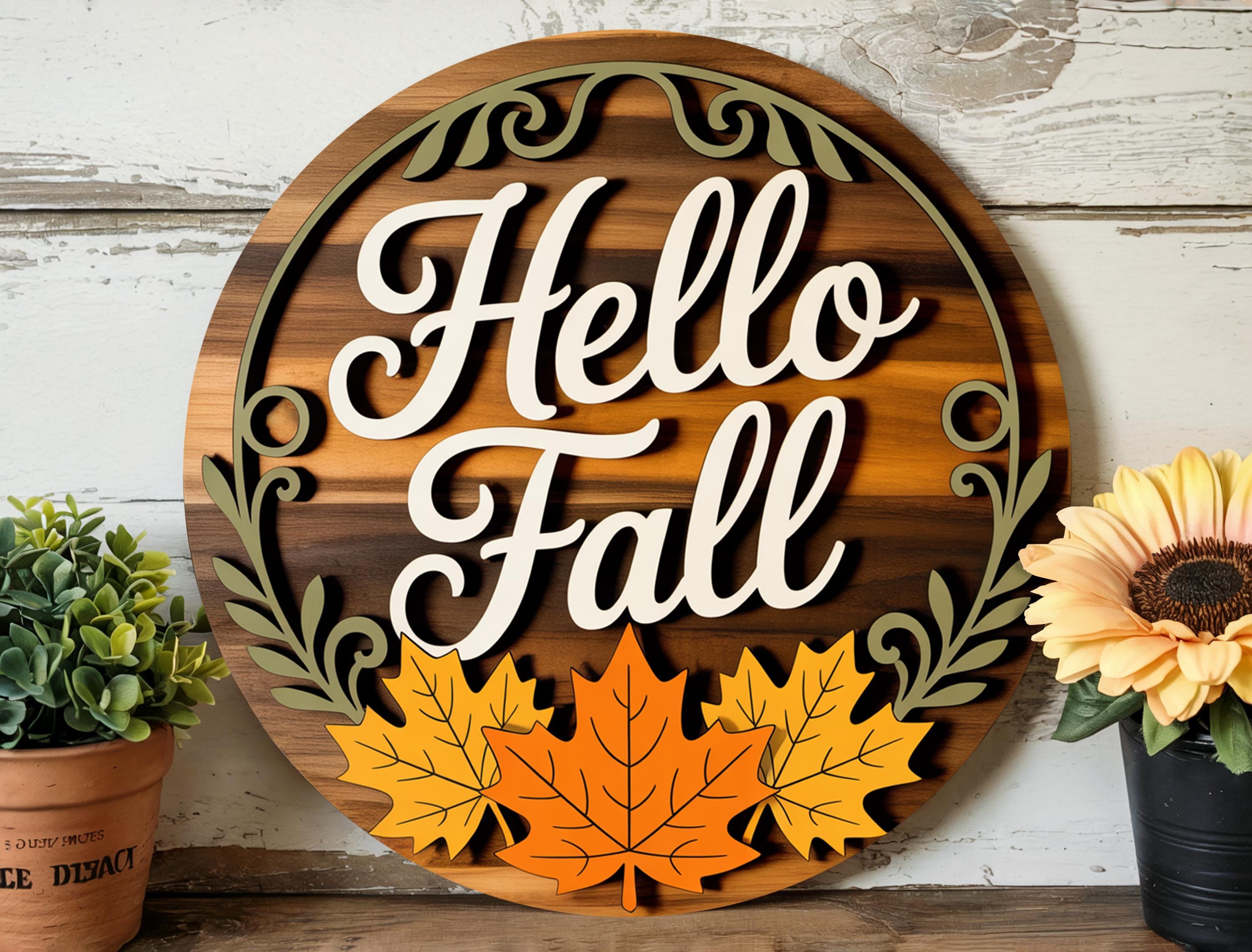 Hello Fall Wood Round Sign | Rustic Fall Door Hanger | Maple Leaf Fall ...