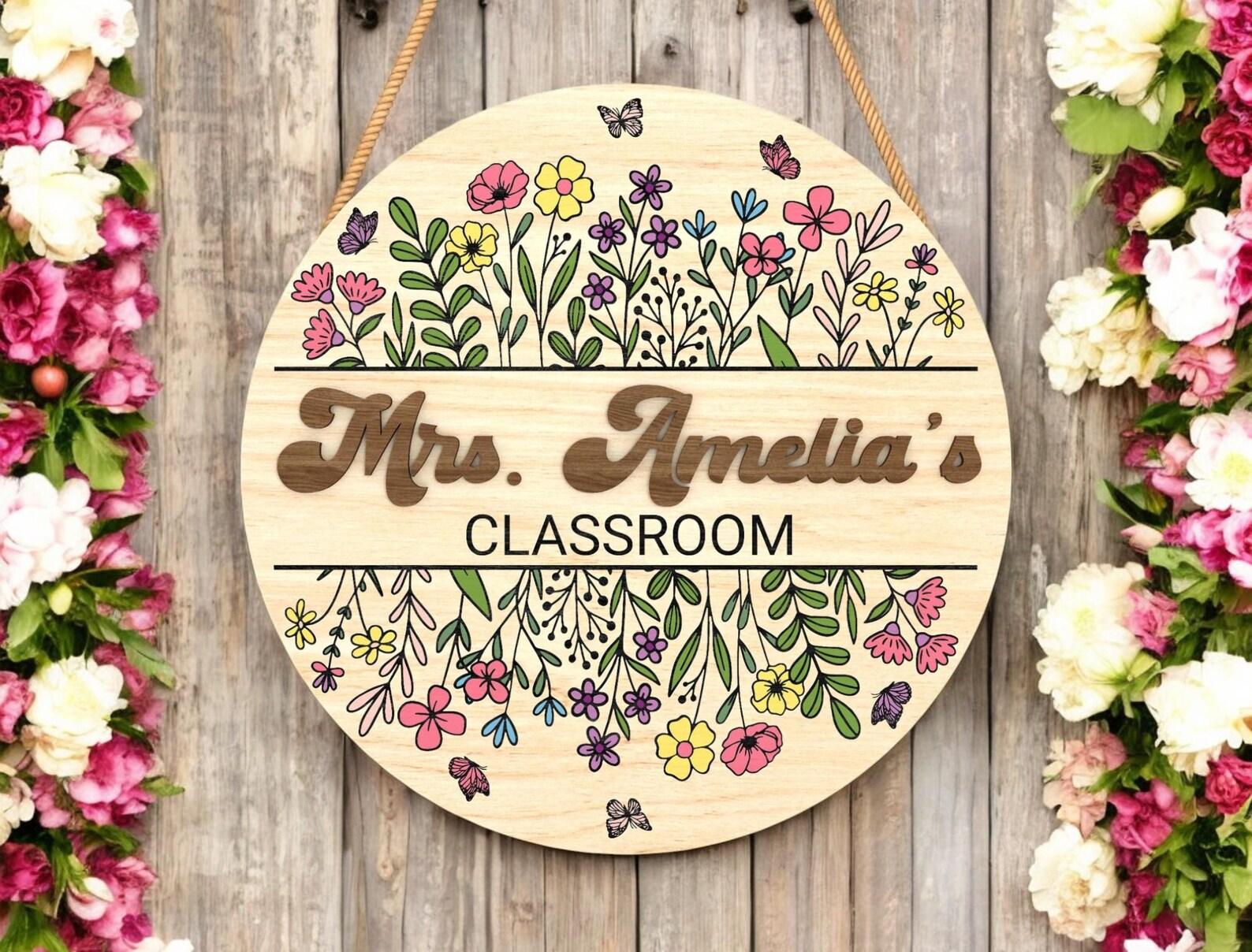 Personalized Teacher Sign, Floral Classroom Decor ,round Wooden Door ...