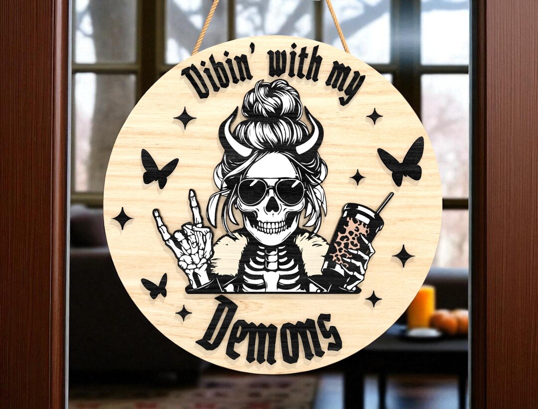 Halloween Door Hanger | Skeleton Girl With Horns Sign | Vibin’ With My ...