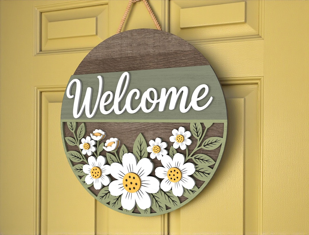 Daisy Welcome Sign | Round Wooden Door Hanger | Floral Porch Decor ...