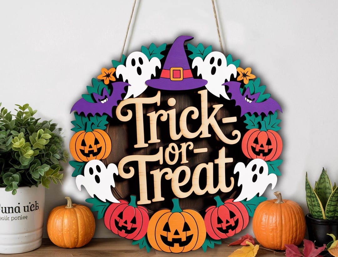Trick or Treat Halloween Sign – Cute Ghost & Pumpkin Door Hanger ...