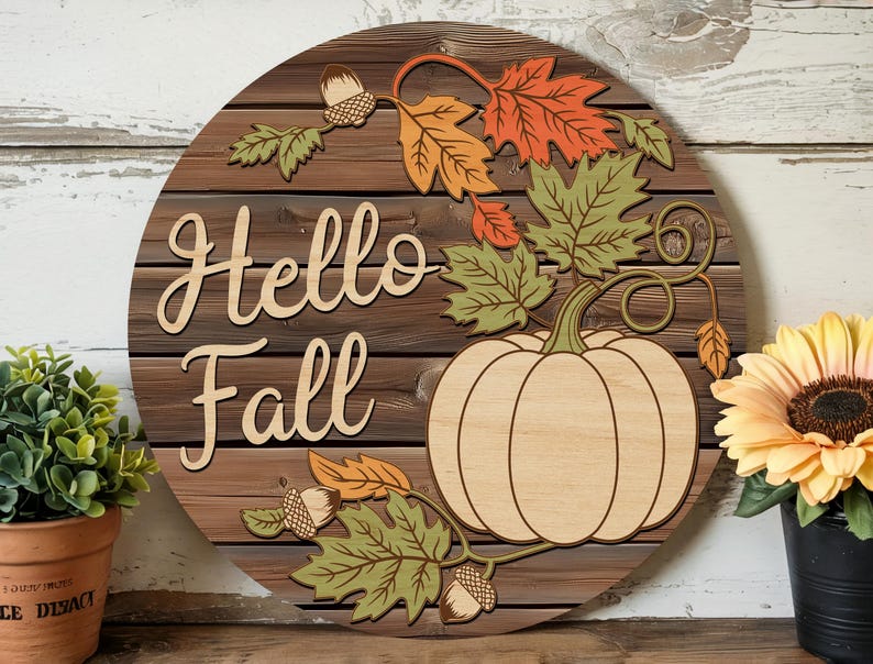 Hello Fall Wood Sign – Rustic Pumpkin & Acorn Door Hanger – Autumn ...