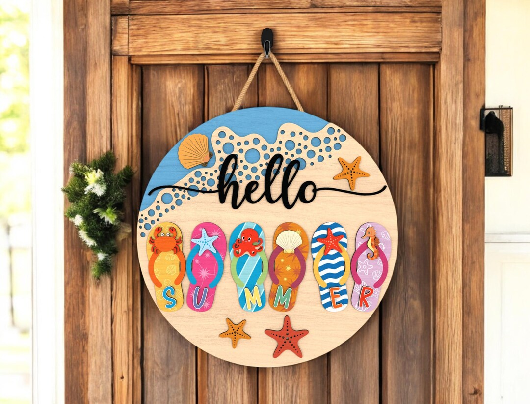 Hello Summer Flip Flop Door Sign, Beach Sand Ocean Door Hanger, Summer ...