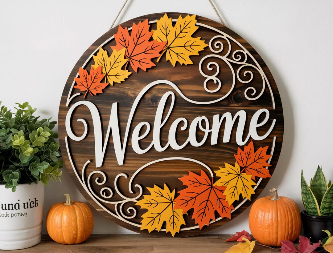 Welcome Fall Door Sign | Autumn Round Sign With Maple Leaves | Rustic ...