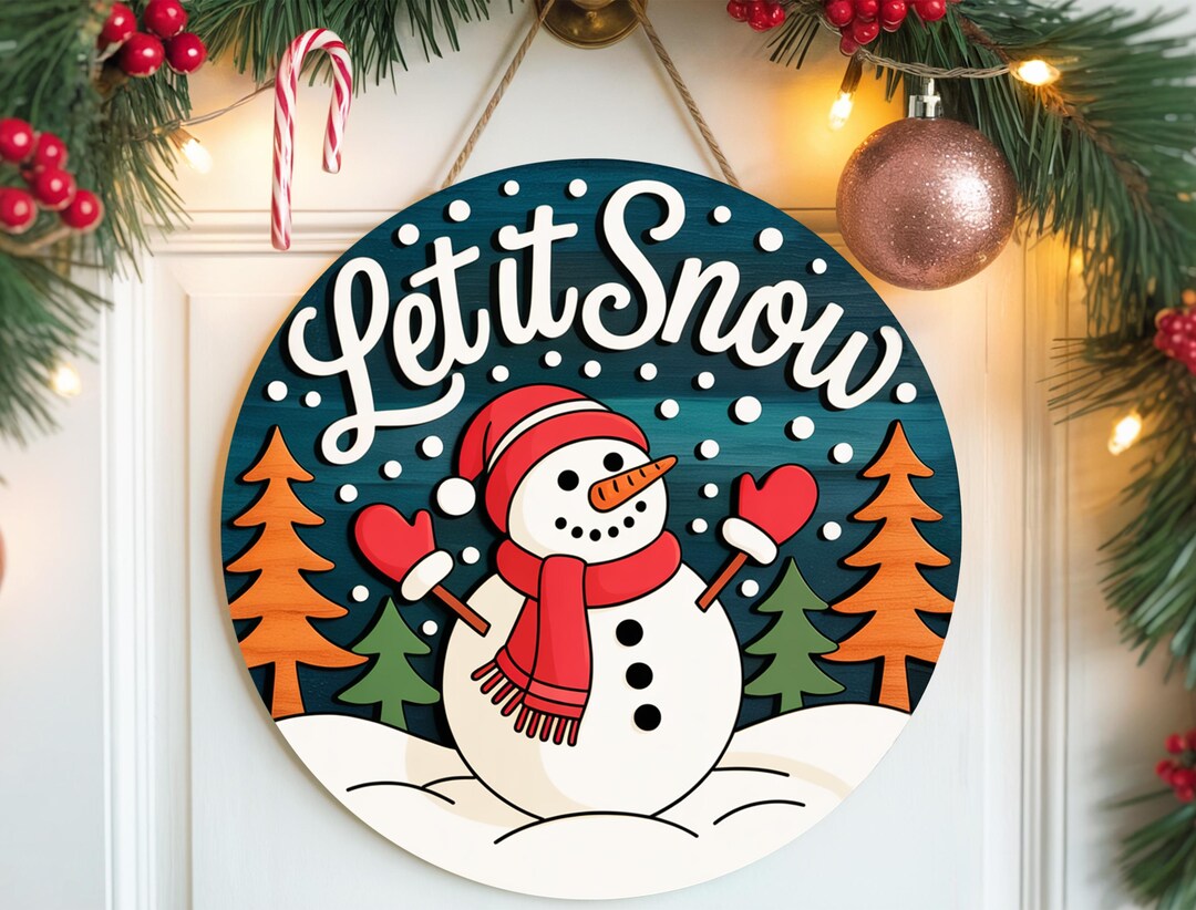 Let It Snow Christmas Door Sign – Snowman Winter Wooden Round, Holiday ...
