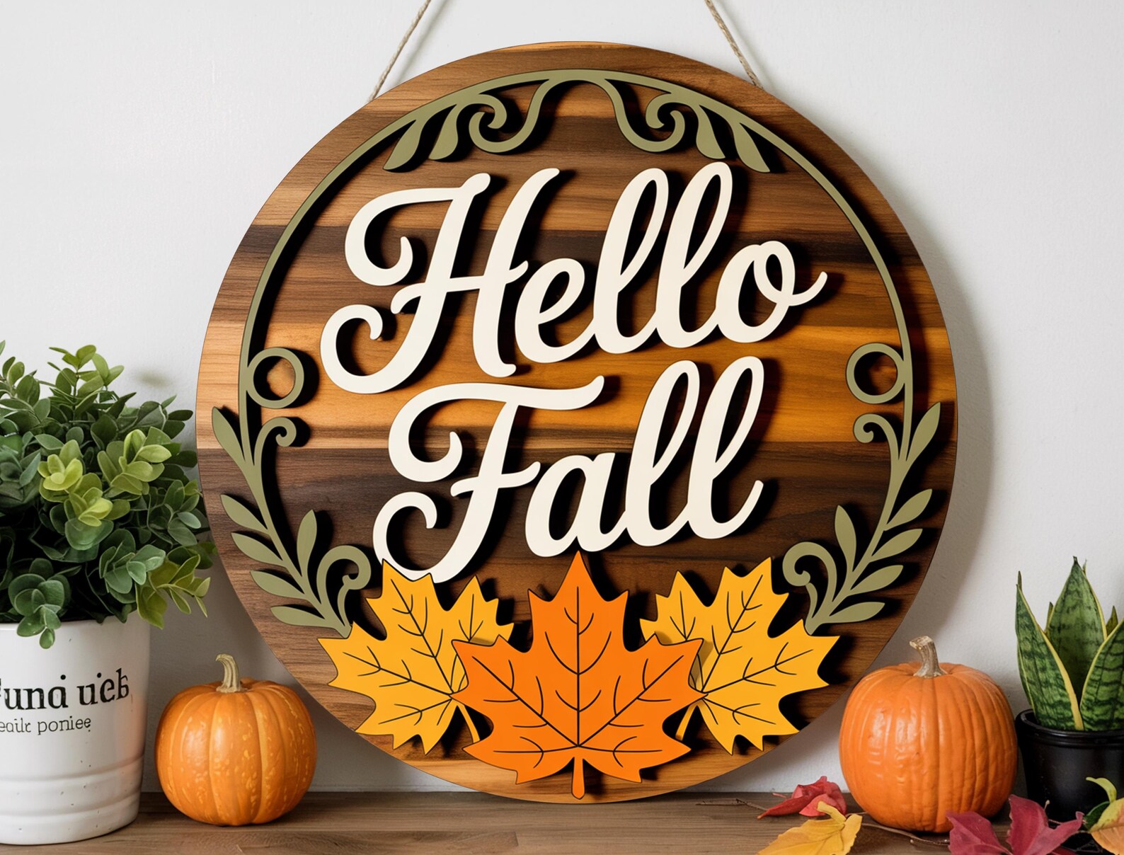 Hello Fall Wood Round Sign | Rustic Fall Door Hanger | Maple Leaf Fall ...
