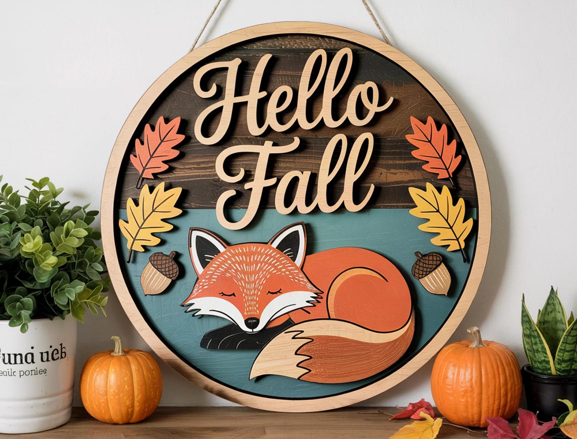 Cute Fox Hello Fall Door Hanger | Woodland Animal Autumn Sign | Rustic ...