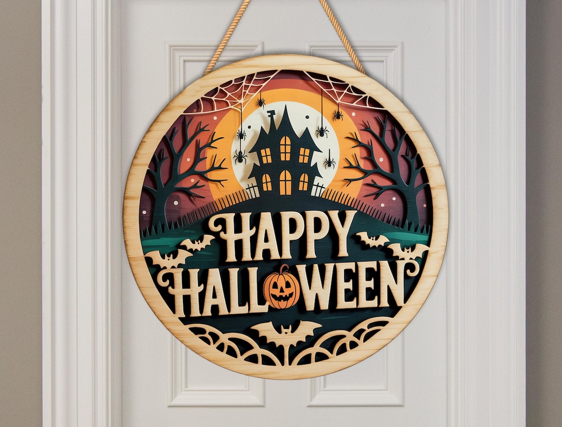 Happy Halloween Door Hanger | Haunted House Spooky Night Wooden Sign ...