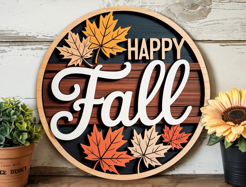 Happy Fall Round Sign | Wooden Autumn Welcome Door Hanger | Layered ...