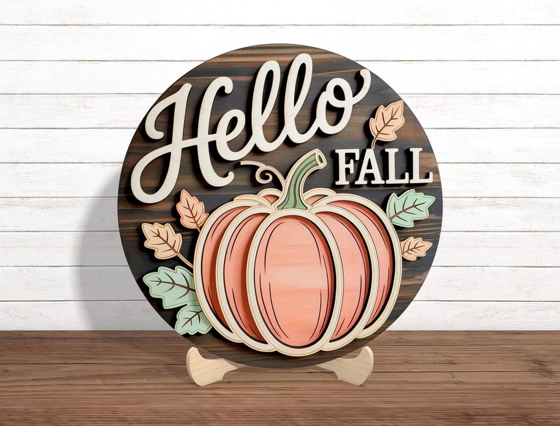Hello Fall Pumpkin Wood Sign | Layered Autumn Door Hanger | Rustic ...