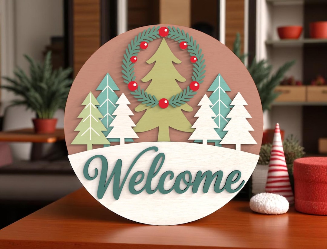 Christmas Welcome Door Sign | Winter Tree Scene Wall Decor | Rustic ...