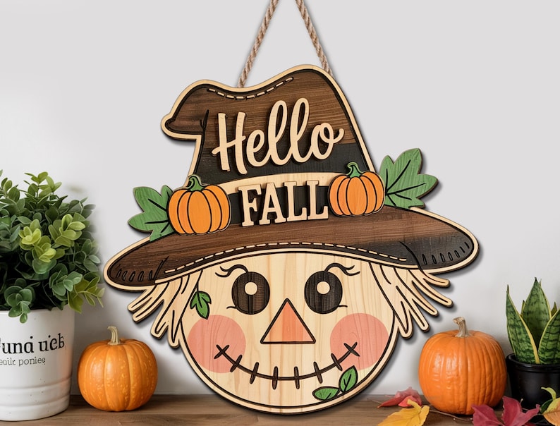 Hello Fall Scarecrow Door Hanger – Wooden Scarecrow Head Welcome Sign ...