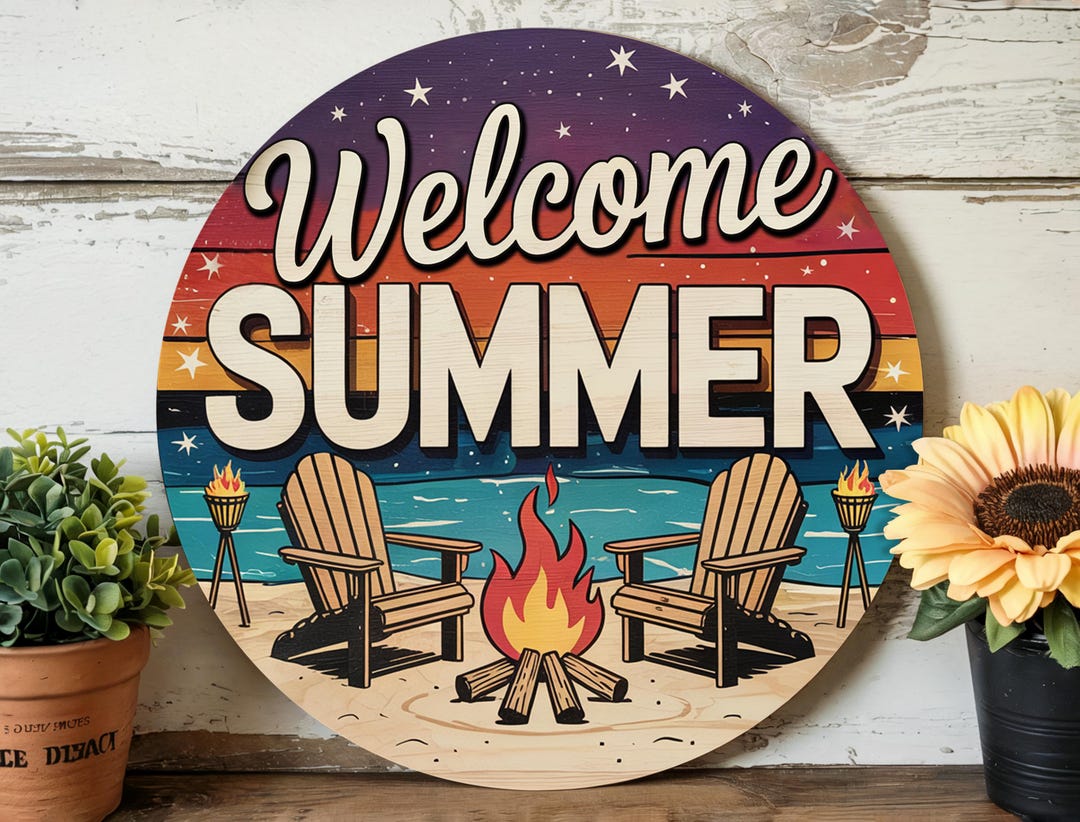 Welcome Summer Door Sign – Beach Campfire Wood Wall Decor – Sunset ...