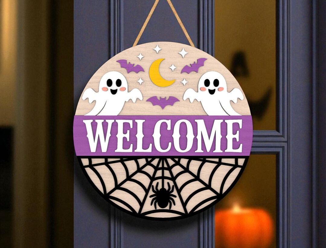 Halloween Door Hanger | Welcome Ghosts Sign | Purple Bat and Spider Web ...