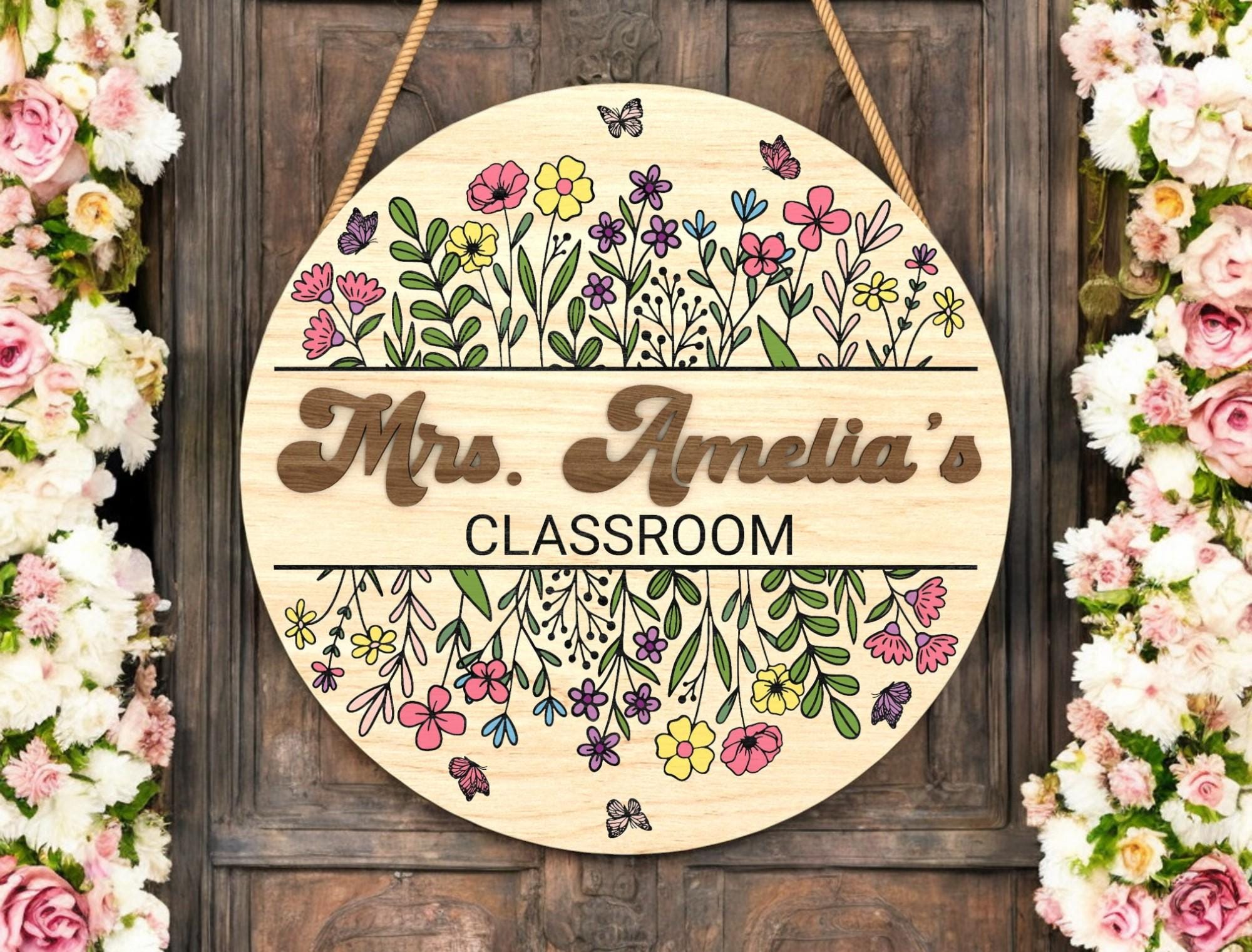 Personalized Teacher Sign, Floral Classroom Decor ,round Wooden Door ...