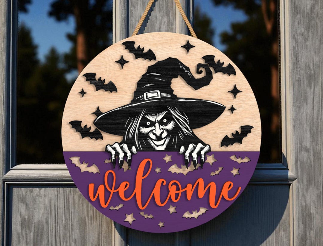 Halloween Door Hanger | “welcome” Witch With Bats | Wooden Layered ...