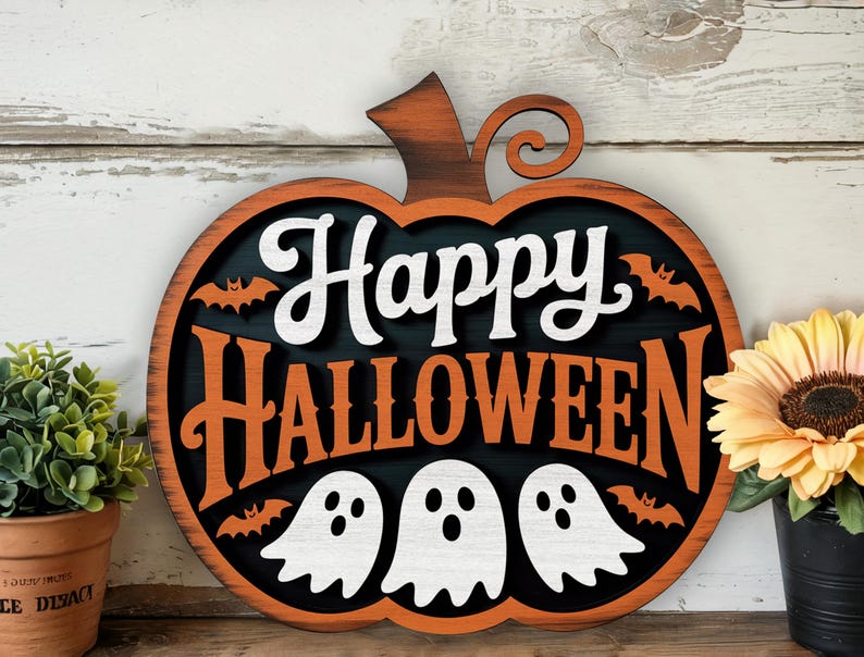 Happy Halloween Ghost Door Sign | Spooky Pumpkin Shaped Halloween Decor ...