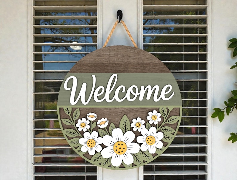 Daisy Welcome Sign | Round Wooden Door Hanger | Floral Porch Decor ...