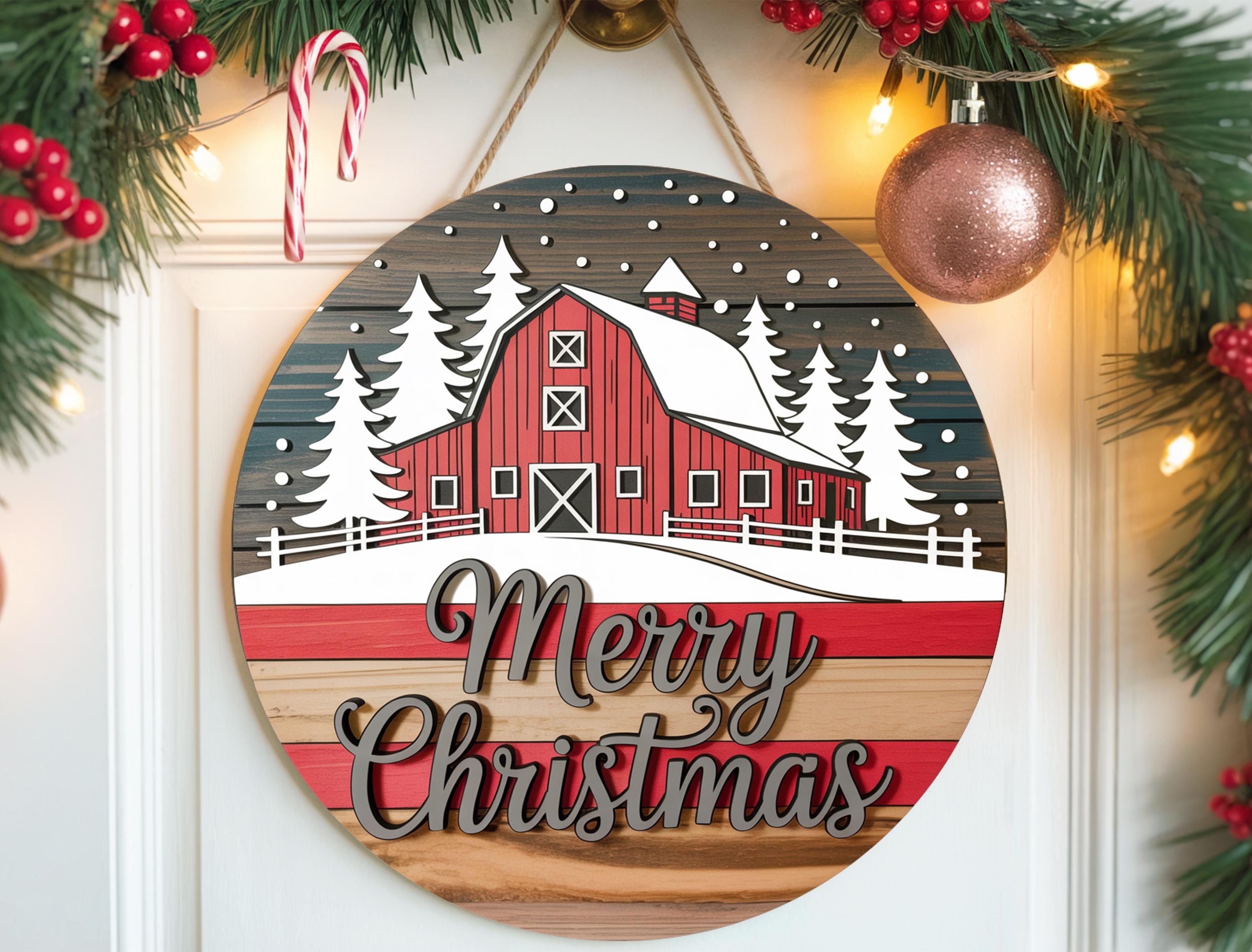 Rustic Farm Red Barn Christmas Door Sign | Striped Wood Round Sign ...