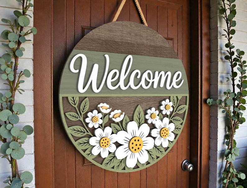 Daisy Welcome Sign | Round Wooden Door Hanger | Floral Porch Decor ...
