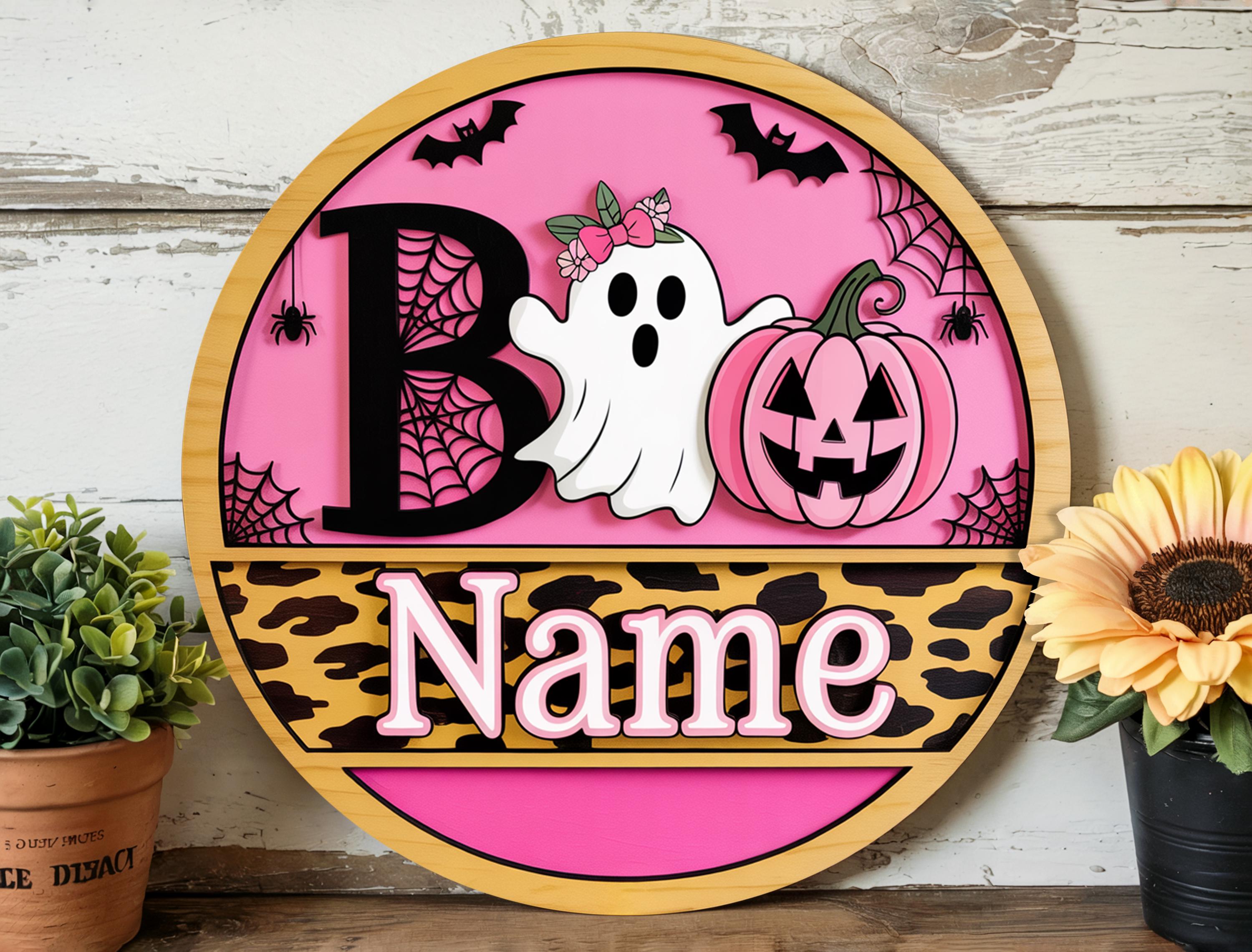 Personalized Pink BOO Door Sign for Kids | Cute Halloween Ghost Name ...