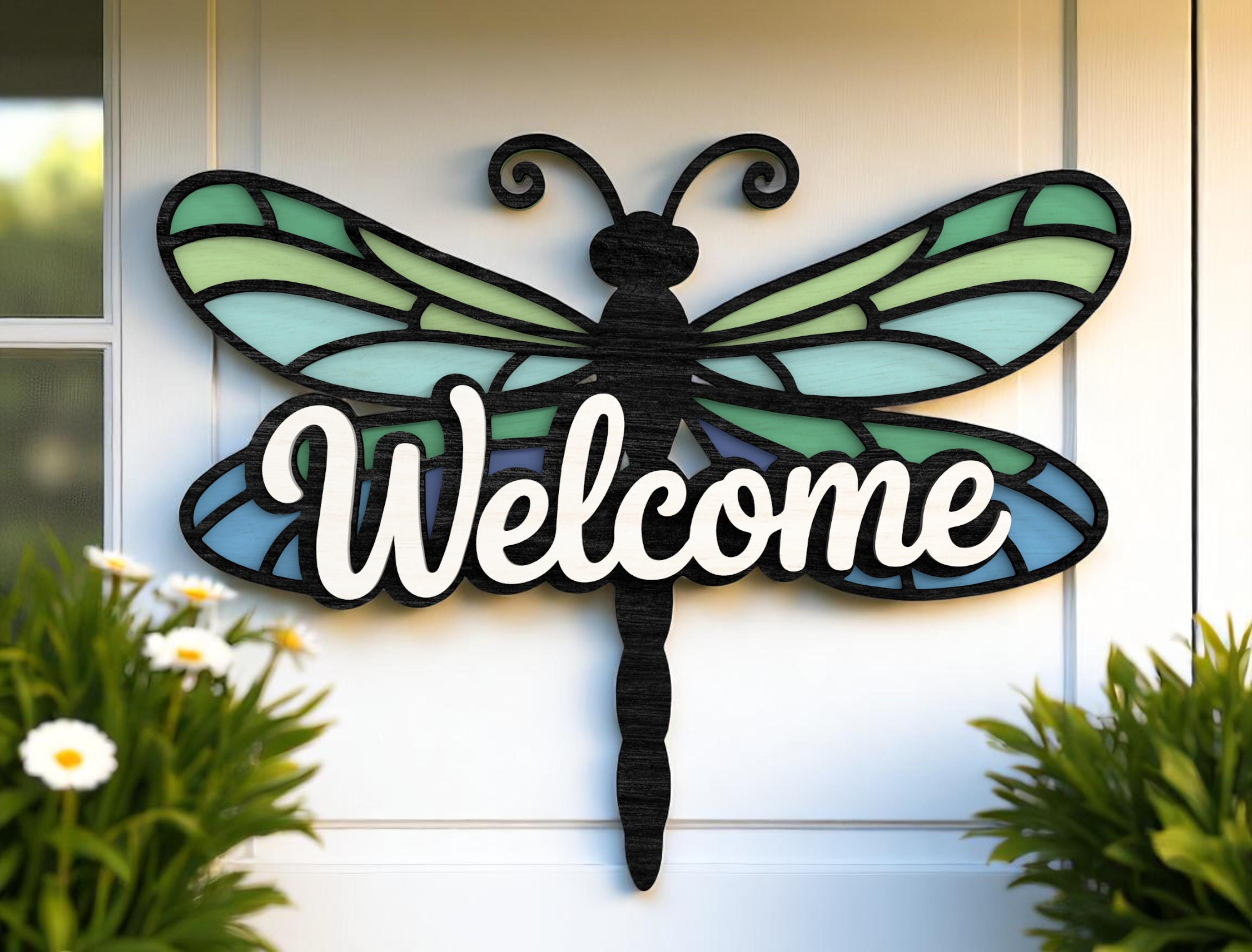 Welcome Dragonfly Sign With Pastel Wings | Summer Door Hanger | Wooden ...