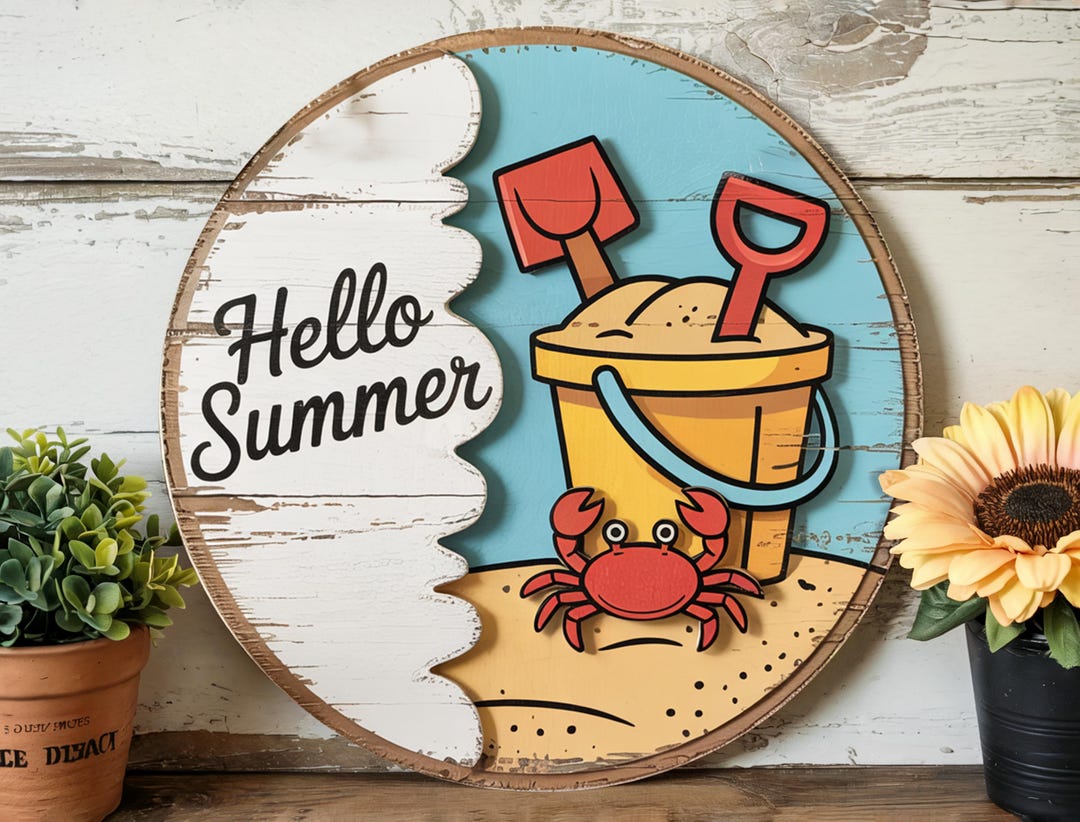 Hello Summer Beach Door Sign – Crab and Sand Bucket Wooden Decor ...