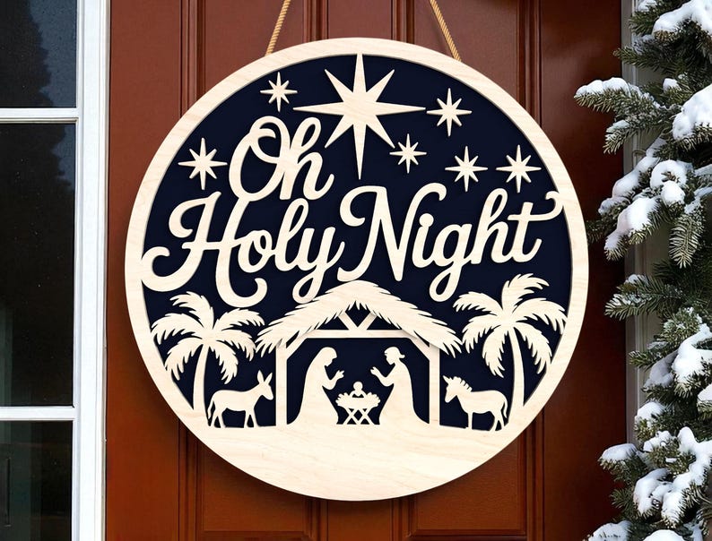 Christmas Door Hanger | Wooden Nativity Scene Sign With Quote Oh Holy ...