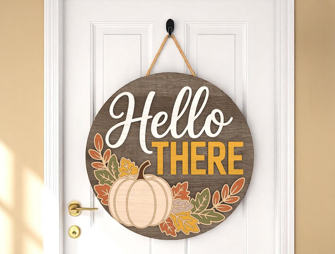Fall Hello There Door Hanger | Rustic Pumpkin Wood Sign | Autumn Porch ...