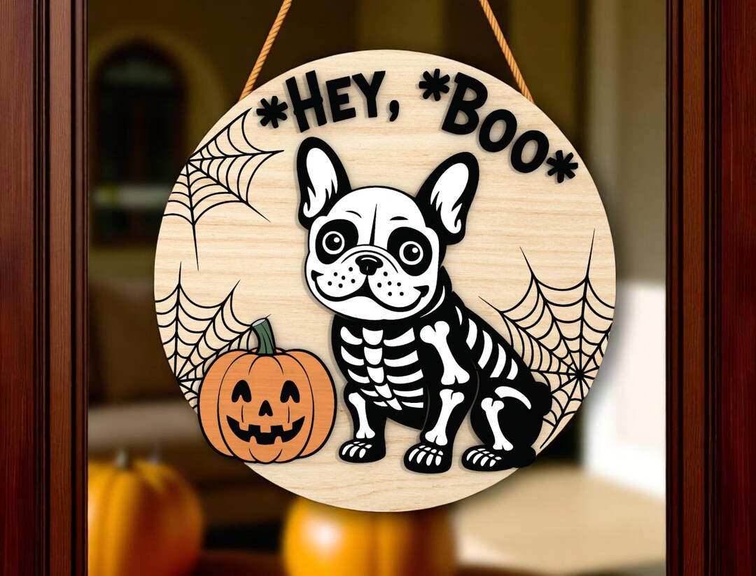 Halloween Door Hanger | Hey Boo French Bulldog Skeleton Sign | Cute Dog ...