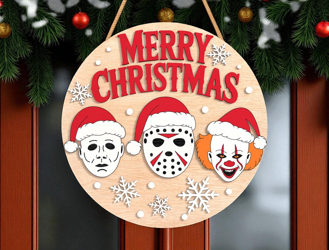 Christmas Horror Door Hanger | Scary Santa Faces Wooden Sign | Creepy ...