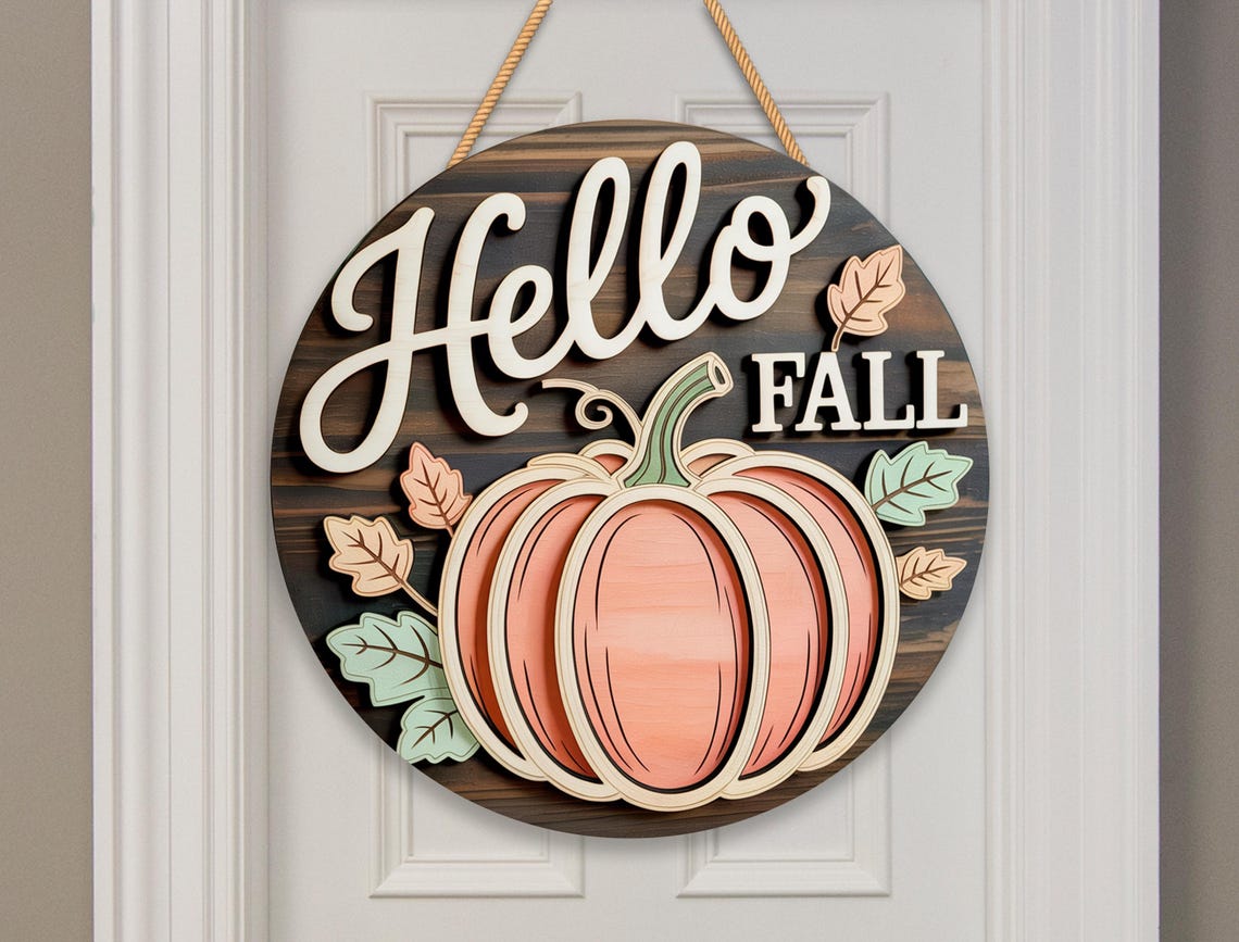 Hello Fall Pumpkin Wood Sign | Layered Autumn Door Hanger | Rustic ...
