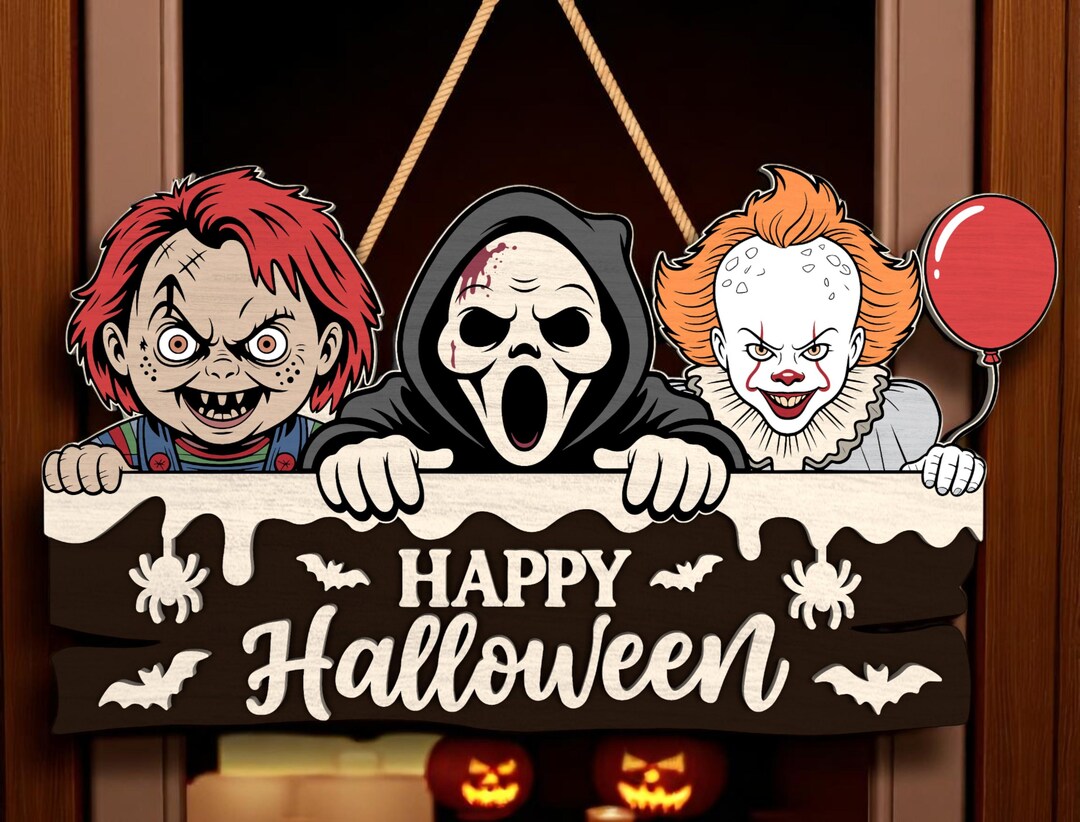 Halloween Door Hanger | Killer Doll, Scream Mask & Creepy Clown Sign ...