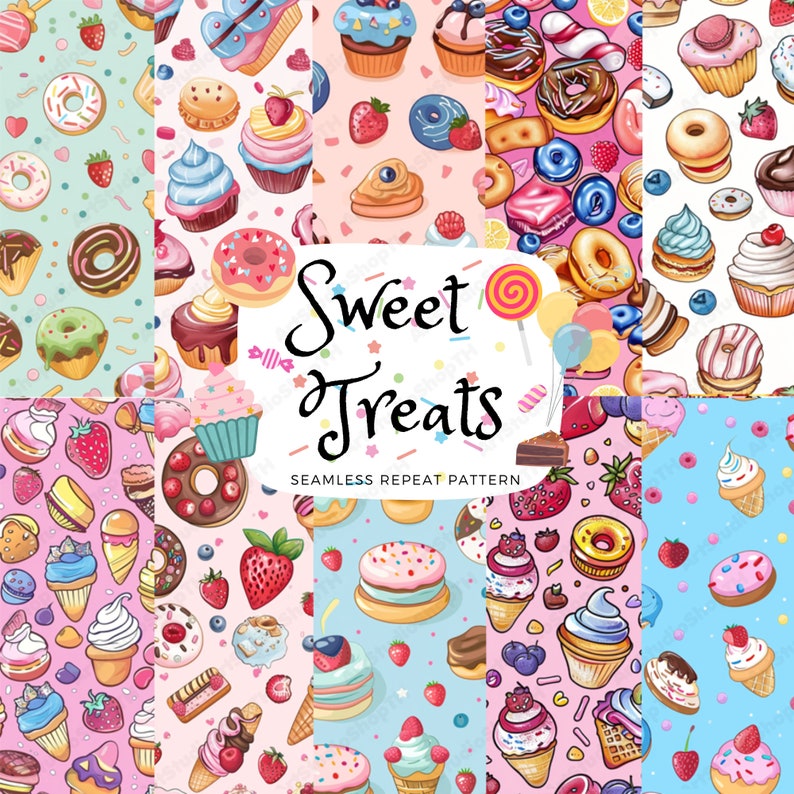 Sweet Treats, Seamless Repeat Pattern, Icons of Cupcakes, Ice Creams ...