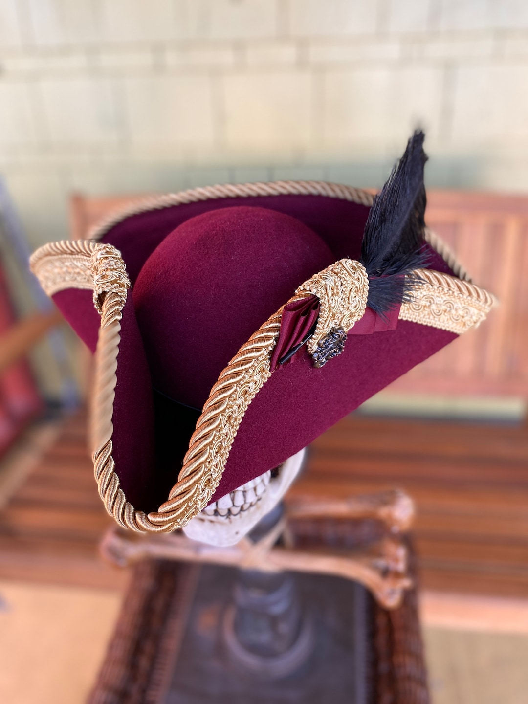 Maroon Pirate Hat With Gold Trim, Costume Hats for Men and Women ...