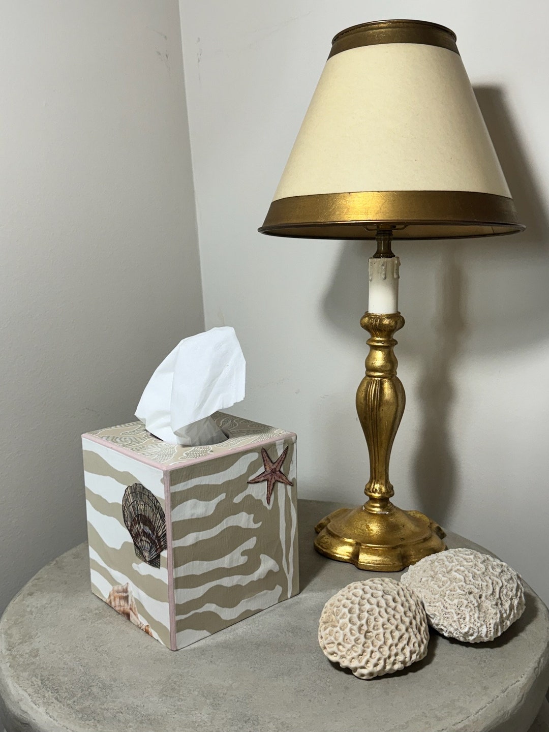 Coastal Theme Tissue Box Cover, Decoupage, Shells, Coral Pattern, Taupe ...