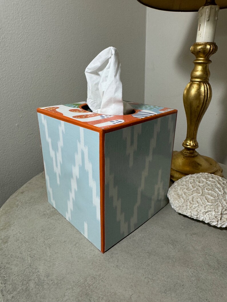 Colorful Coastal Tissue Box Cover With Orange Border, Handmade, White ...