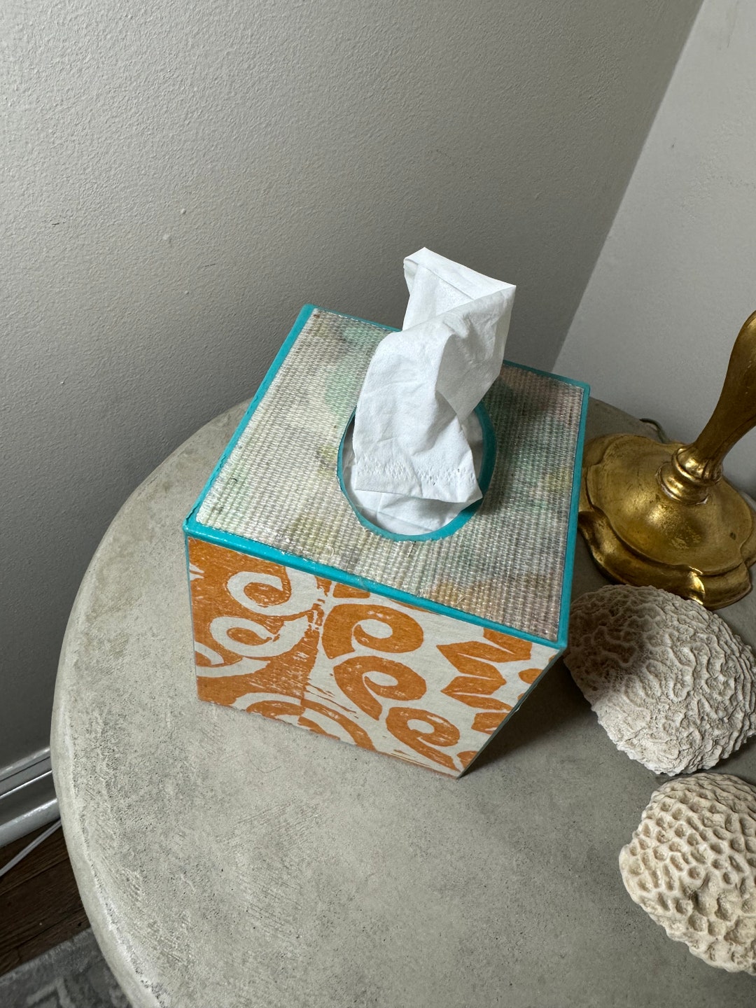 Square Tissue Box Cover, Orange Cream Print, Home Decor, Coastal Design ...