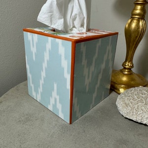 Colorful Coastal Tissue Box Cover With Orange Border, Handmade, White ...
