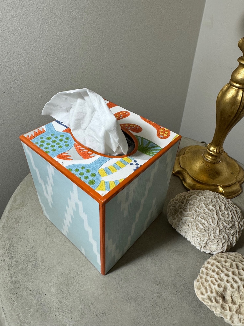 Colorful Coastal Tissue Box Cover With Orange Border, Handmade, White ...
