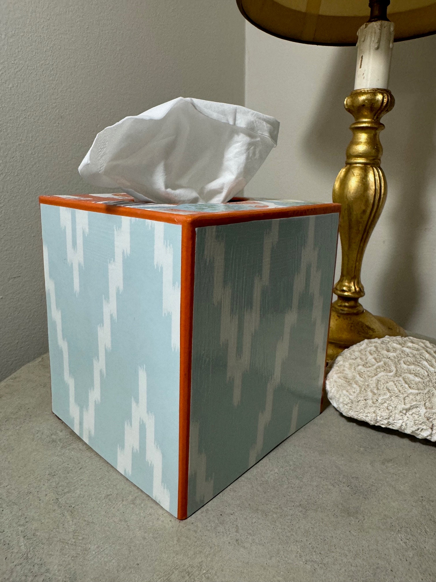 Colorful Coastal Tissue Box Cover With Orange Border, Handmade, White ...