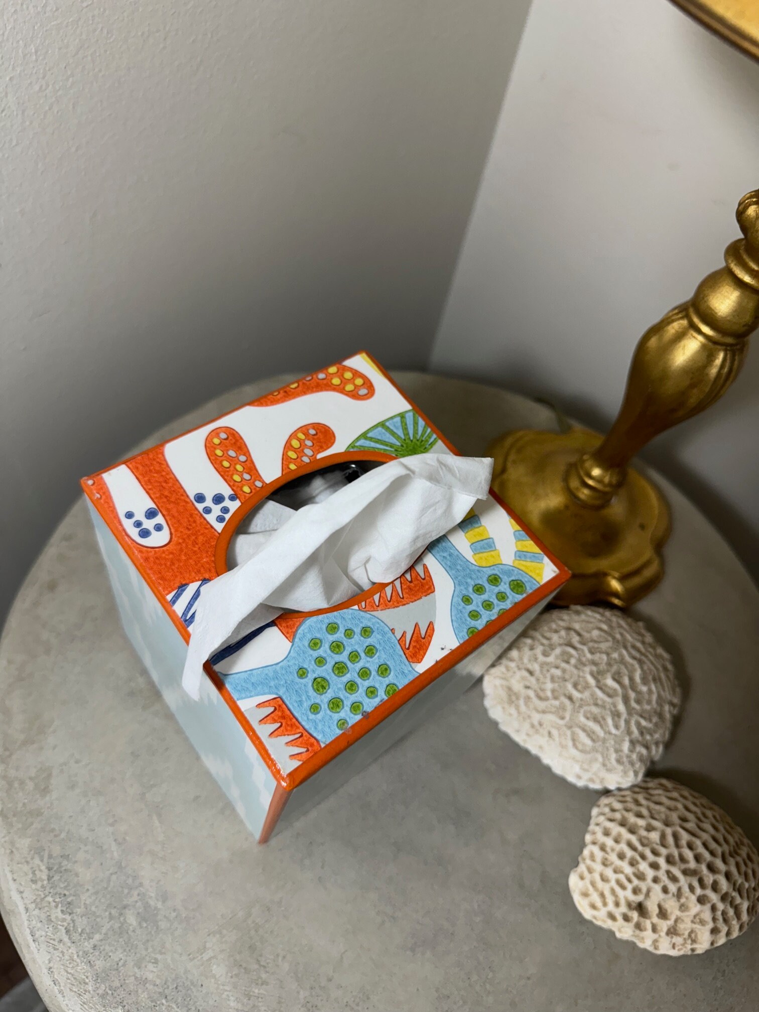 Colorful Coastal Tissue Box Cover With Orange Border, Handmade, White ...