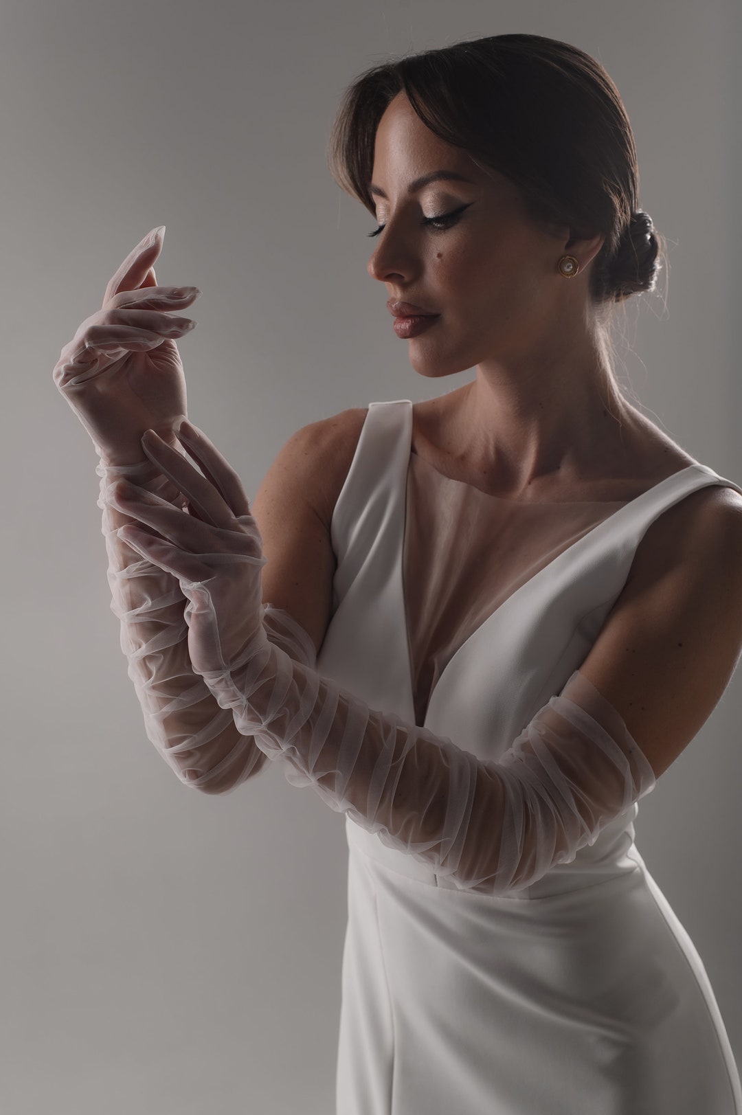 Ivory Soft Bridal Opera Gloves With Elegant Pleats, Romantic Gloves ...