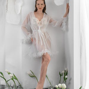 Ivory Short Peignoir, Long Sleeves Edge Ruffled Bridal Robe, Elegant ...