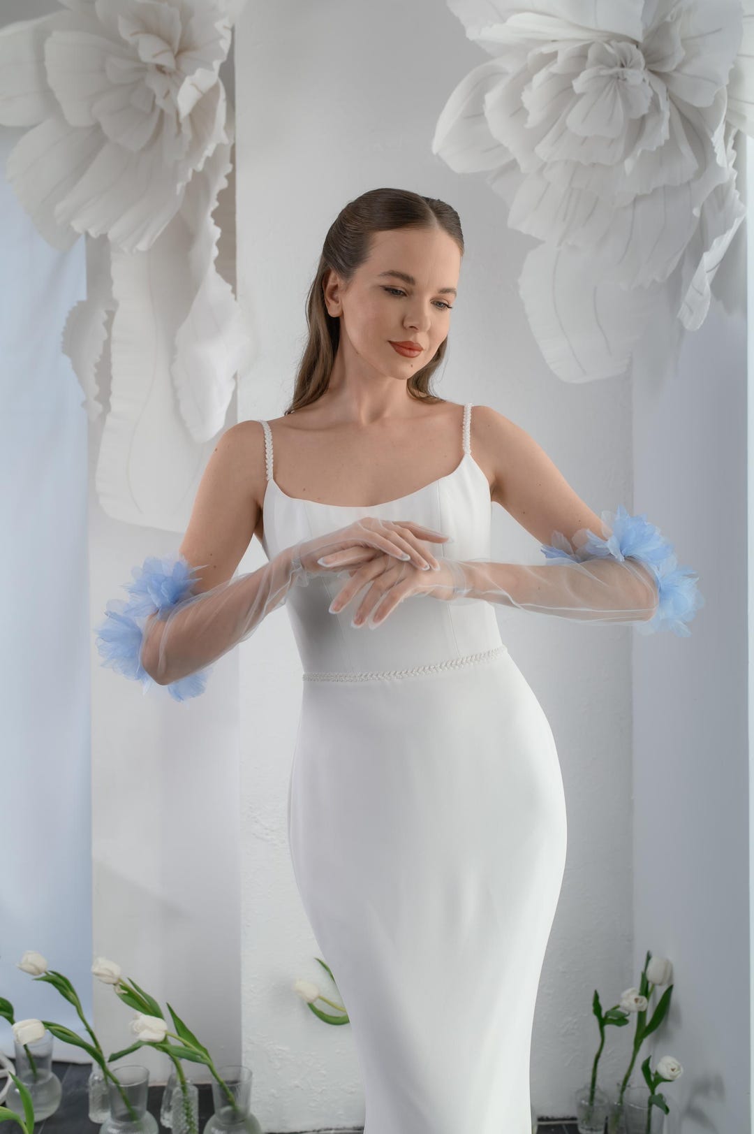 Elegant Blue Bridal Gloves, Long Mesh Design With 3D Floral ...