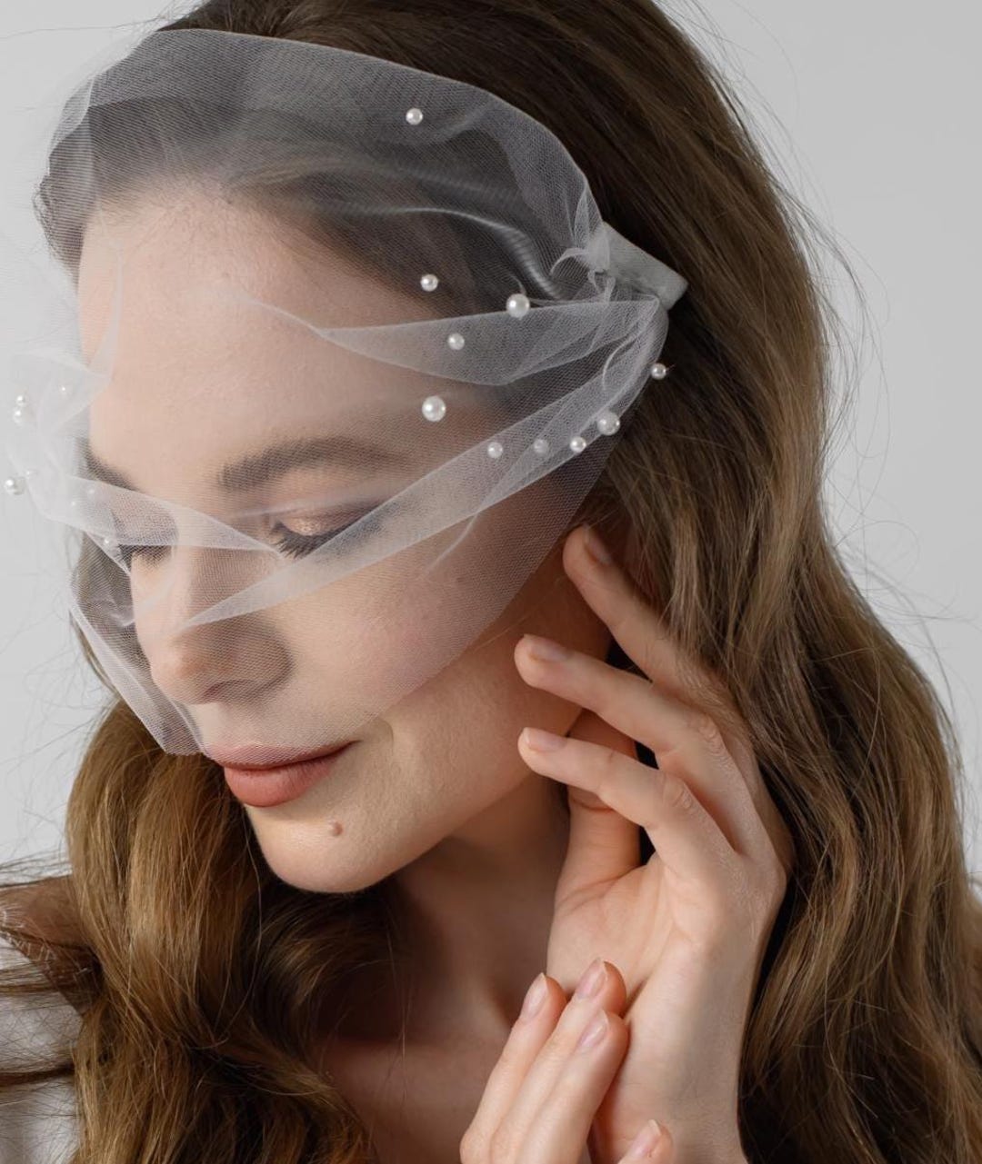 Pearl Birdcage Veil, Short Ivory Veil for Bride, Tulle Face Veil With ...